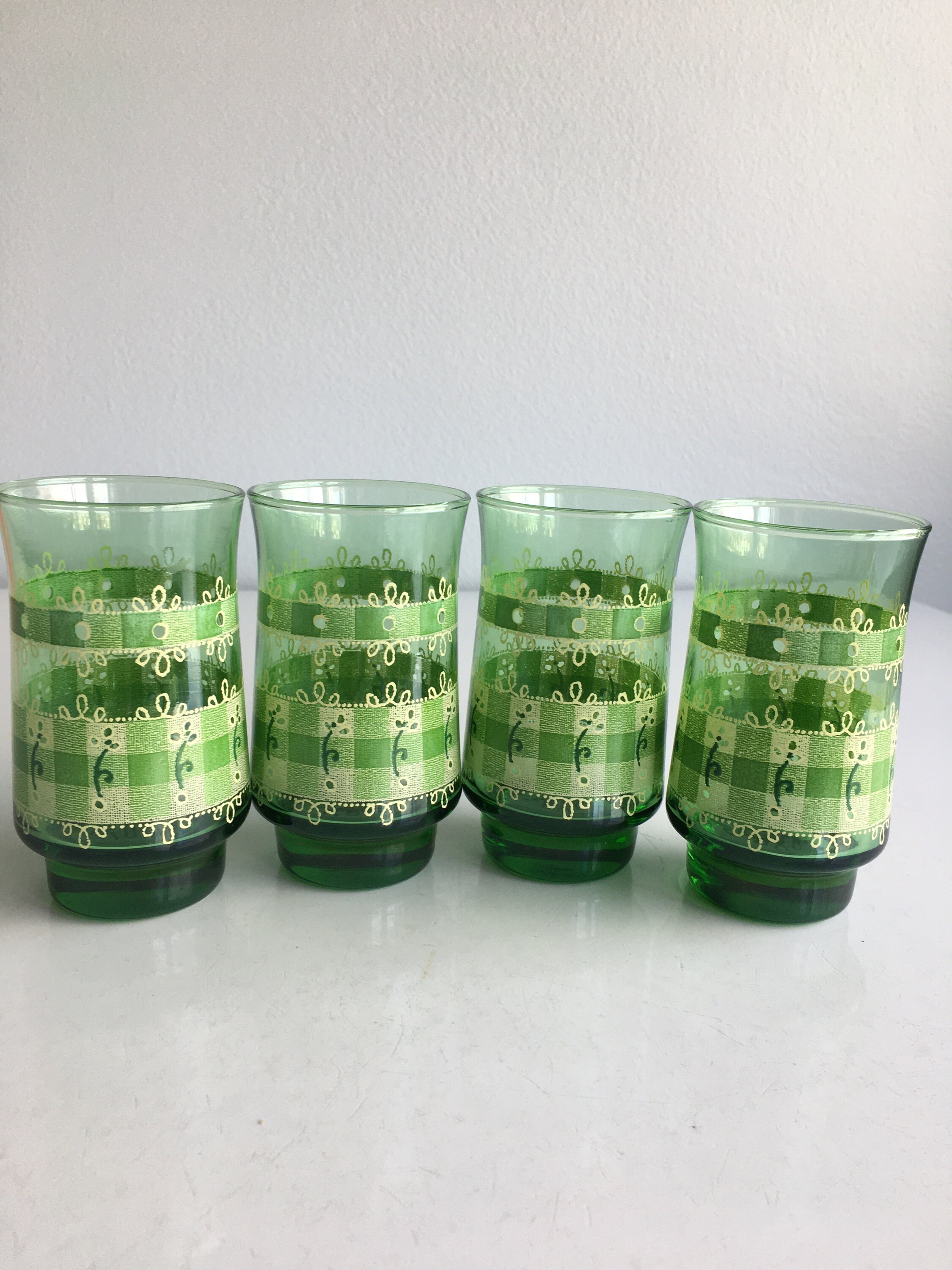 Vintage Green Checkered Drinking Glasses Set of 4 Glassware | Etsy