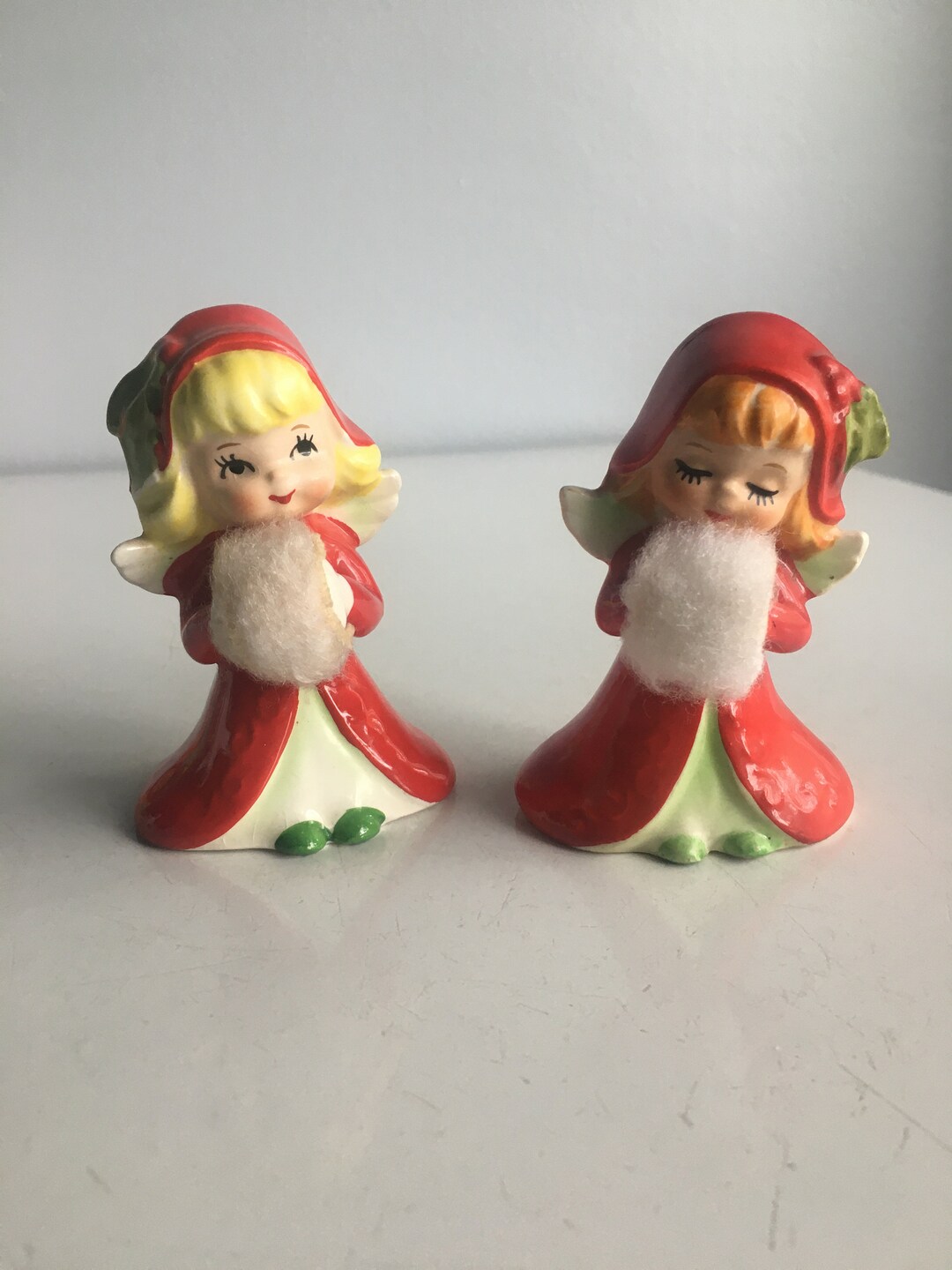 Vintage Christmas Lefton Angel Girls Holding Muffs Figurines ...