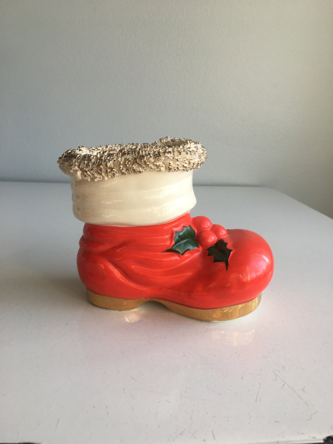 Vintage Christmas Santa Claus Boot Bank Spaghetti Trim Made in Japan ...