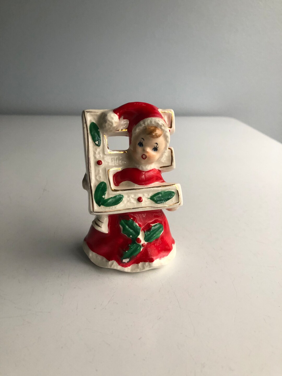Vintage Christmas NOEL Girl Red Gown Stocking Cap Candlestick Holder ...