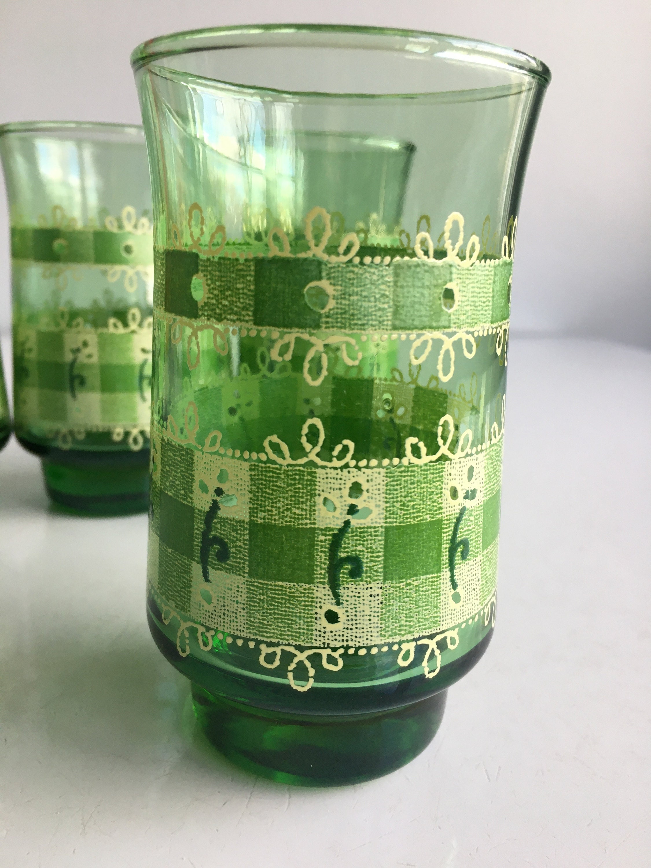 Vintage Green Checkered Drinking Glasses Set of 4 Glassware | Etsy