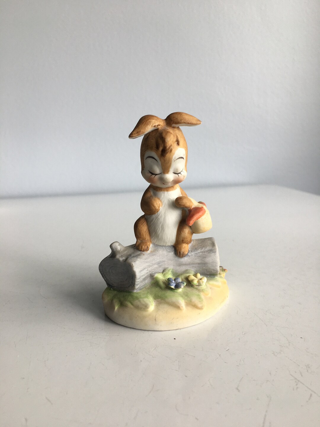 Vintage Lefton Bunny Rabbit on a Log Figurine - Etsy