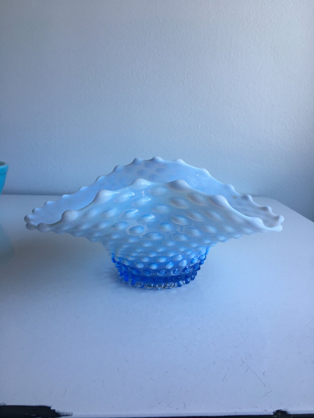 Vintage Fenton Blue Opalescent Hobnail Glass Bowl With Ruffle Top - Etsy