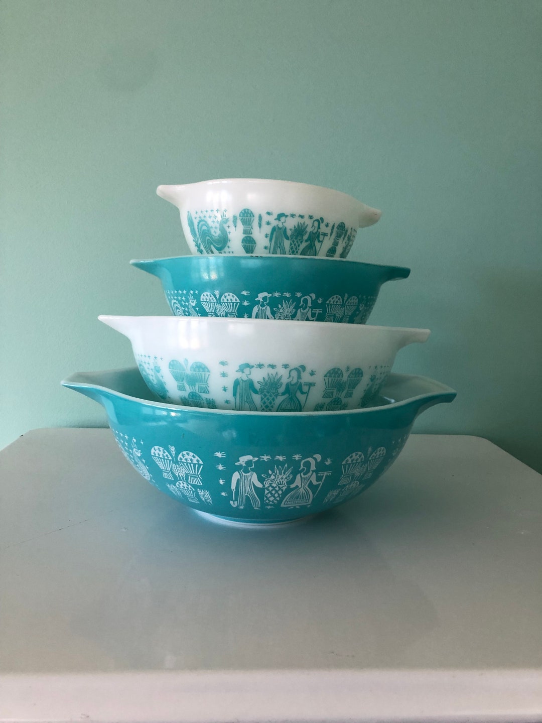 Vintage Pyrex Amish Butterprint Cinderella Turquoise Mixing Bowls ...