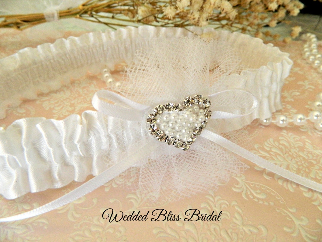 Wedding Garter White Satin- Handbeaded Diamante Heart - Tulle Ruffle ...