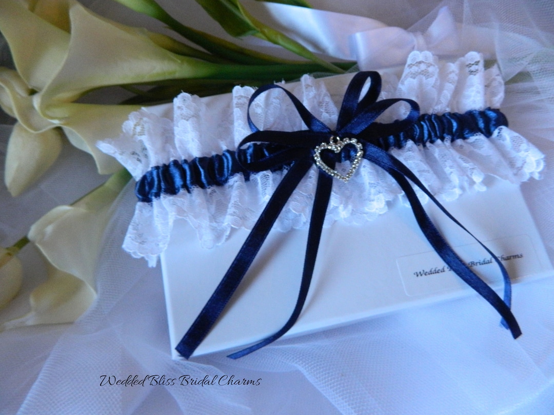 Bridal Garter - Navy Blue Satin and White Lace- Brides Gift - Lingerie ...
