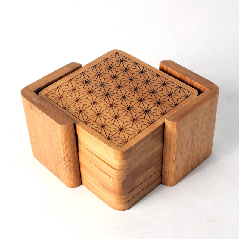 Asanoha - Square Bamboo Coaster Set - 6 - Cerebral Concepts - Engraved ...