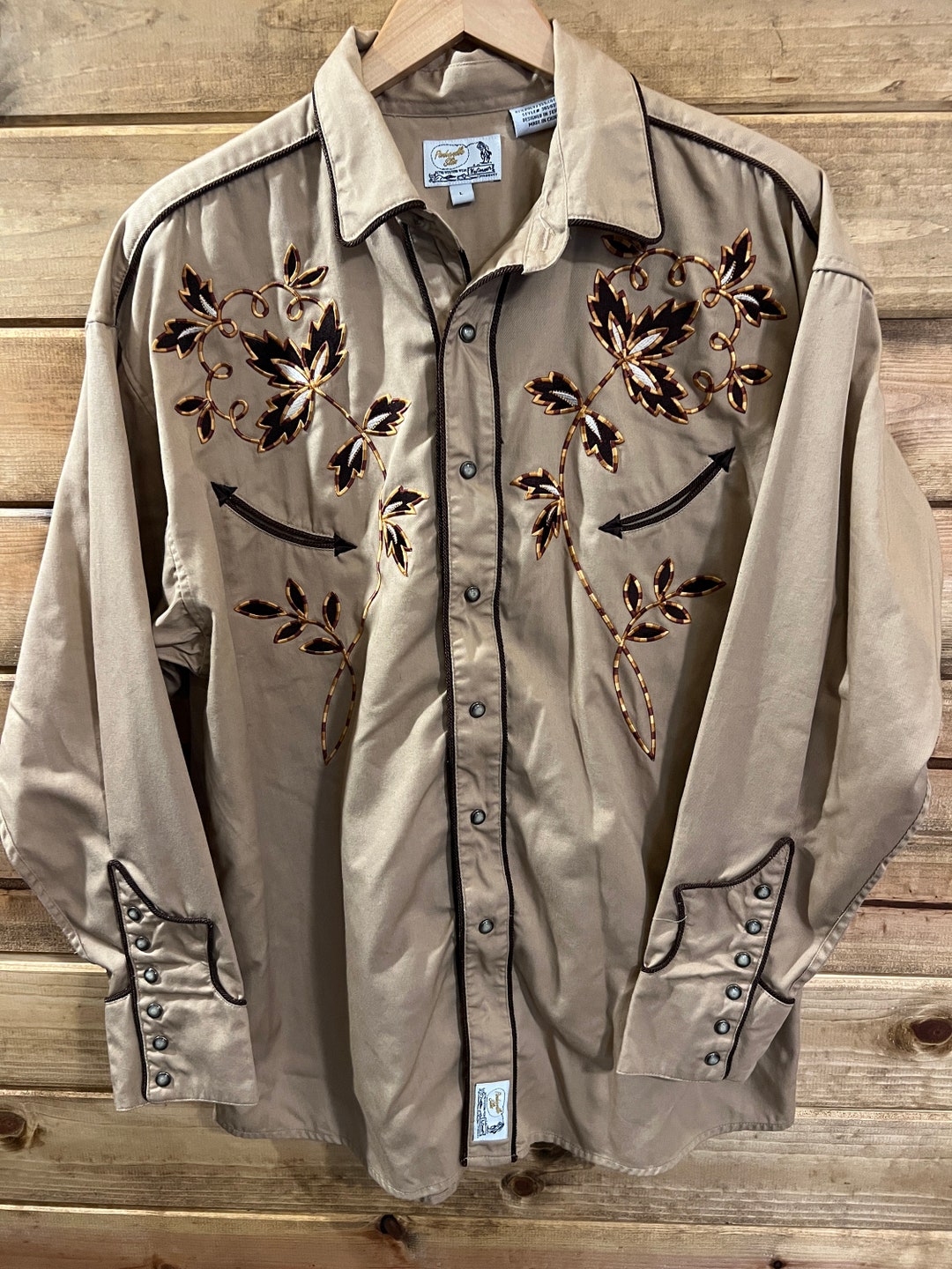 Retro Panhandle Slim Cowboy Western Tan and Brown Embroidered Pearl ...
