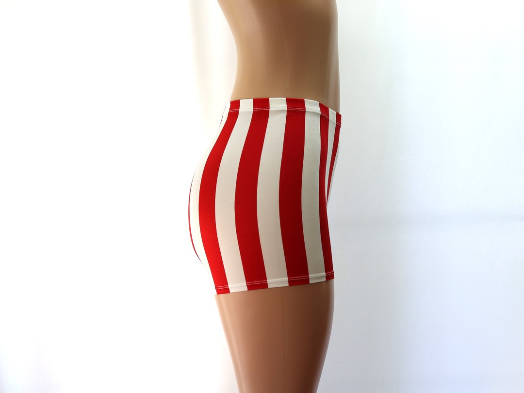 High Waist Red and White Striped Spandex Shorts - Modest Coverage ...