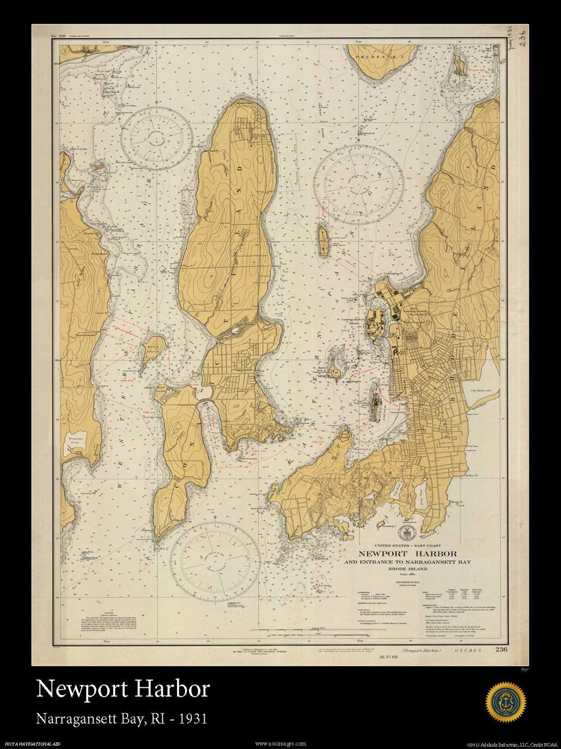 Nautical Map of Newport Harbor - 1831 - Etsy
