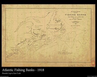 Atlantic Fishing Banks Map 1918 Historical Chart Nautical Chart Print ...