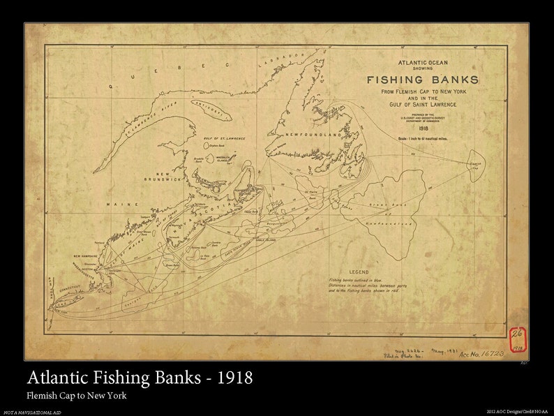 Print of the Atlantic Fishing Banks - 1918 Nautical Map - Etsy