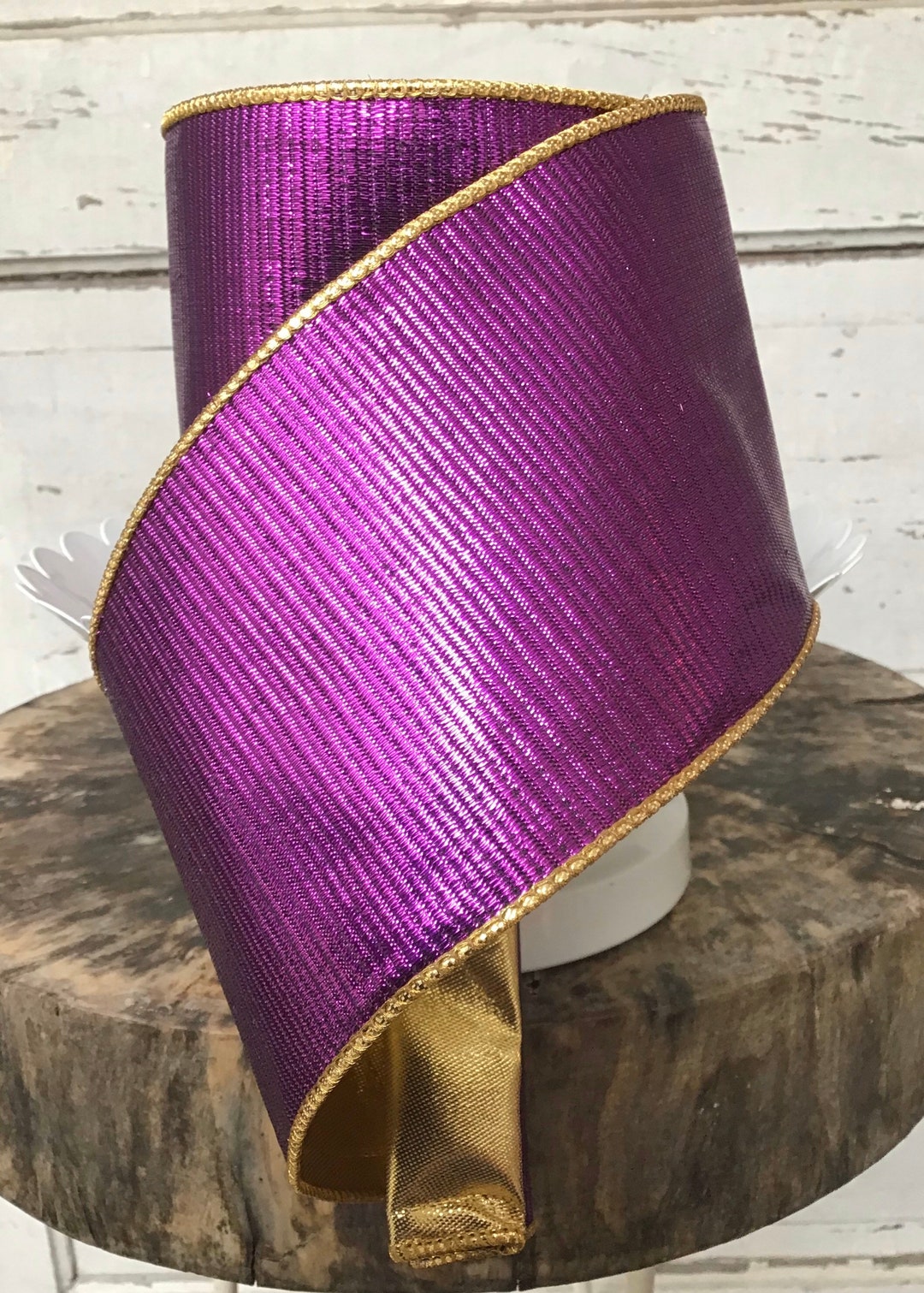 4 Inch Wired Ribbon, Purple and Gold Lame Double Sided Ribbon, Quality ...