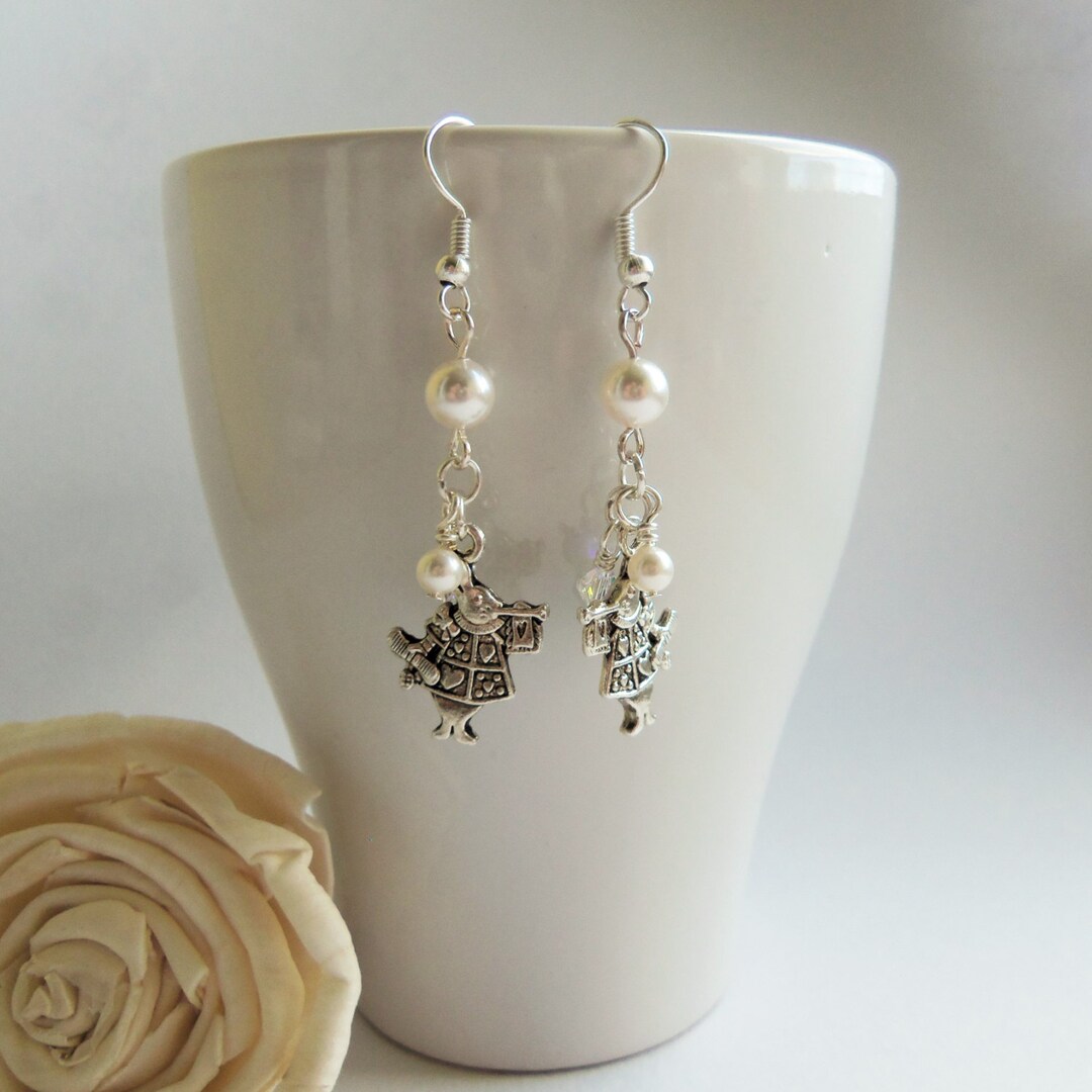 White Alice in Wonderland Charm Earrings, Alice Jewelry, Pearl Dangle ...