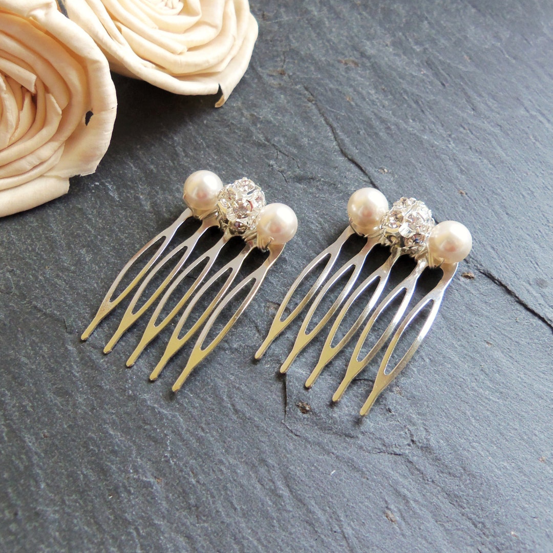 White Pearl and Crystal Hair Combs, Pair of Combs, Quality Crystal ...