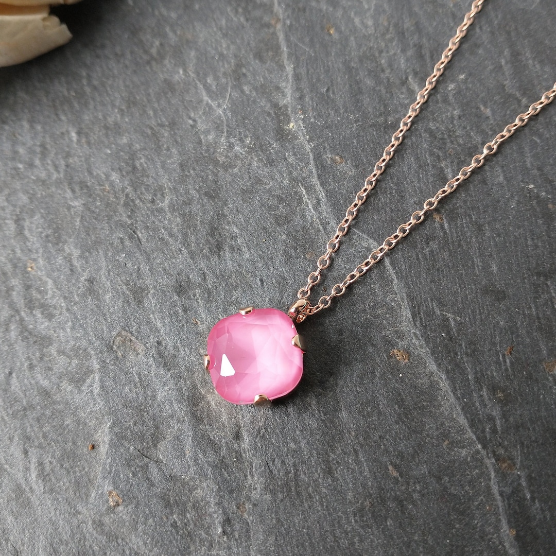 Rose Gold Bright Pink Crystal Pendant Necklace, Bridesmaid Jewelry ...