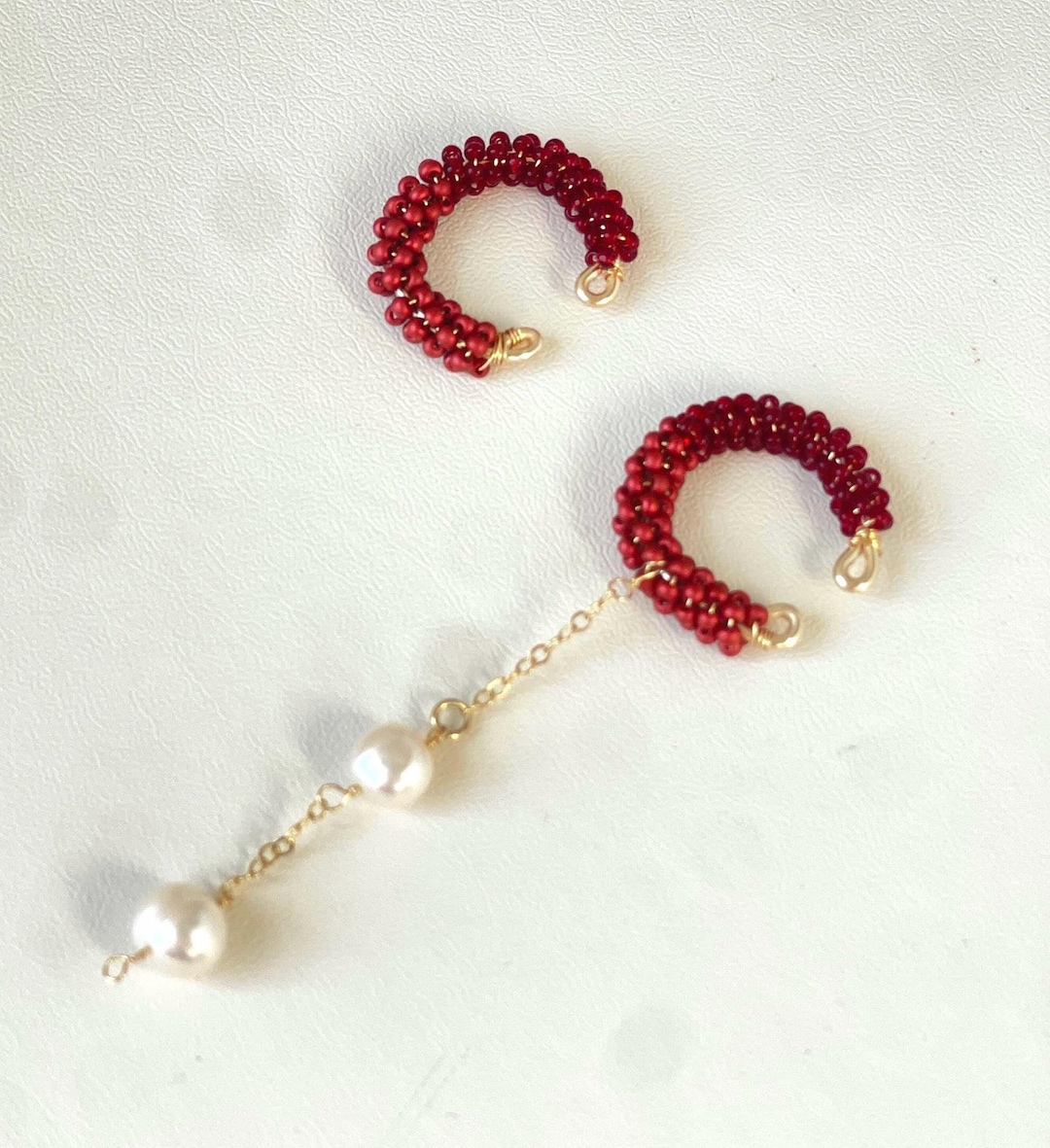 Burgundy Beaded Ear Cuffs, Red Beaded and Pearls Ear Cuffs - Etsy