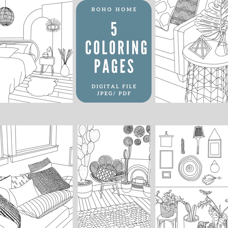 5 Printable Adult Colouring Pages, Boho, Nordic Interior, Coloring Page ...