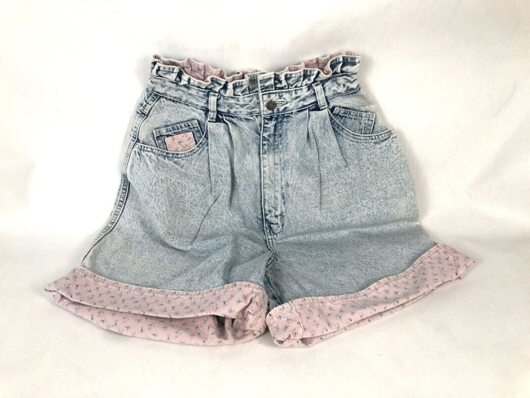 Anchor Blue Cuffed Calico Denim Baggy High Waisted Shorts Paperbag ...