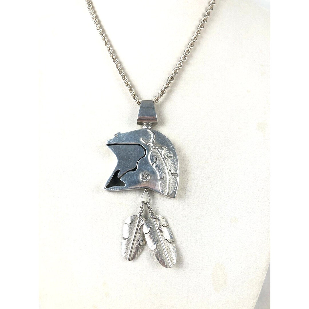 Navajo Bear Heart Line Feather Shadowbox Pendant W 18 Chain Jeff ...