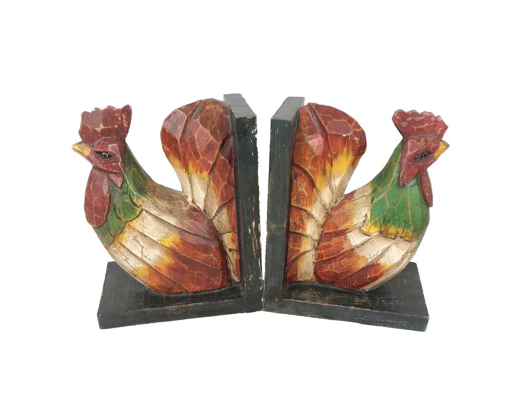 Rooster Matching Bookends Folk Art Pair Hand Carved Wood Polychrome ...
