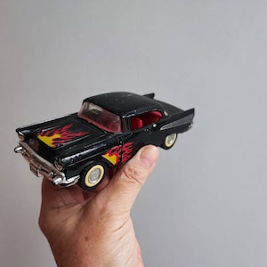 Black Car Toy, Vintage Chevy Car Toy, Flames Decorated Car Miniature ...