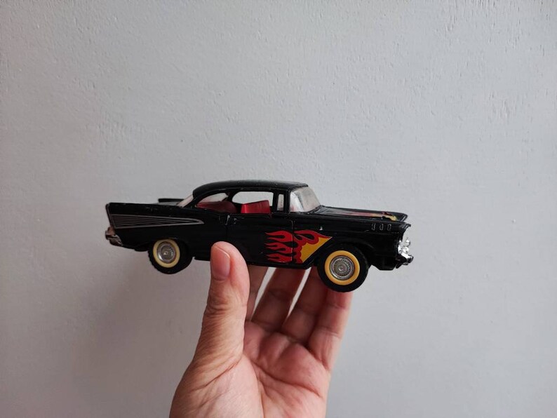 Black Car Toy, Vintage Chevy Car Toy, Flames Decorated Car Miniature ...