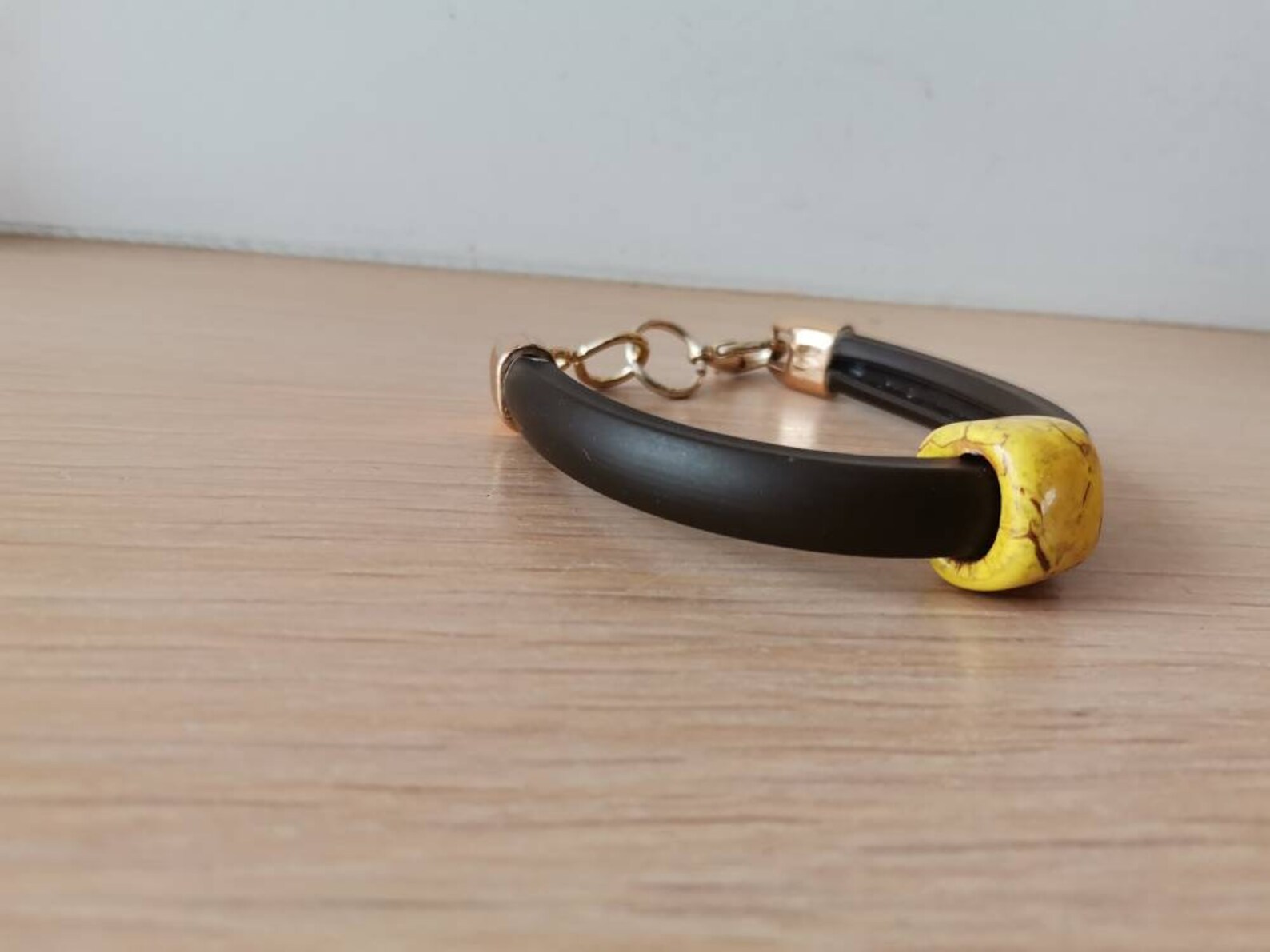 Vintage Rubber Bangle, Brown Rubber Band Bangle With Yellow Ceramic ...