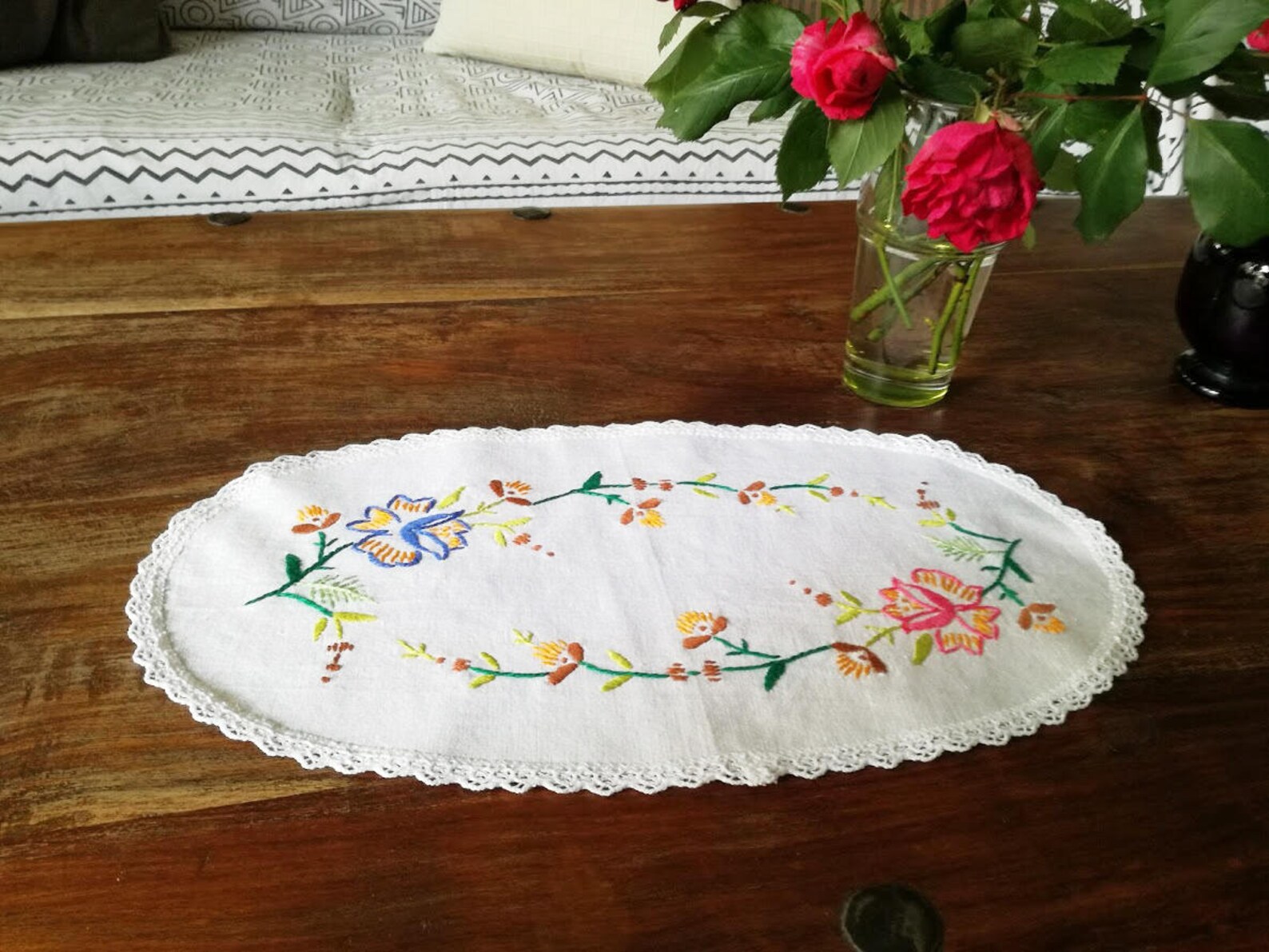 Vintage Embroidered Runner Oval Embroidered Runner Roses | Etsy