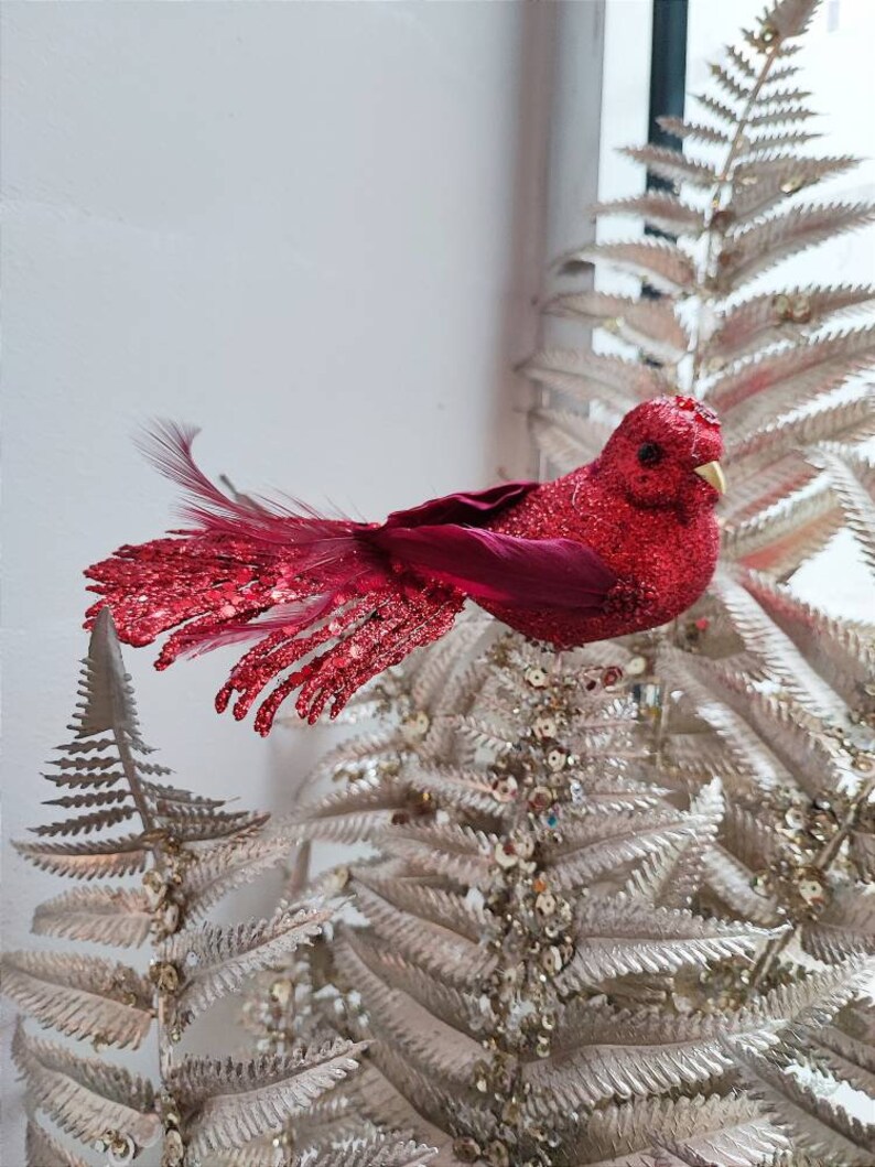 Red Bird Ornament, Red Bird Figure With Long Tail and Sequined Body ...
