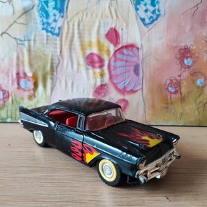 Black Car Toy, Vintage Chevy Car Toy, Flames Decorated Car Miniature ...