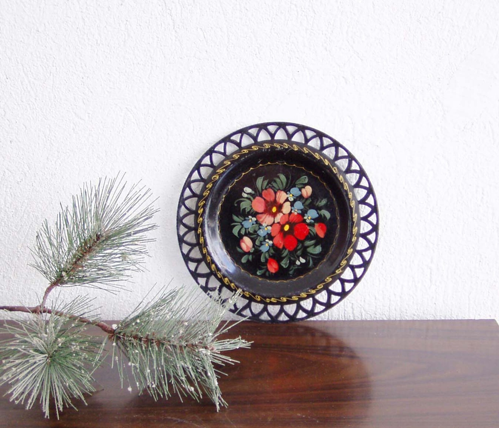 Vintage Metal Plate With Folk Art Flower Bouquetblack Metal - Etsy