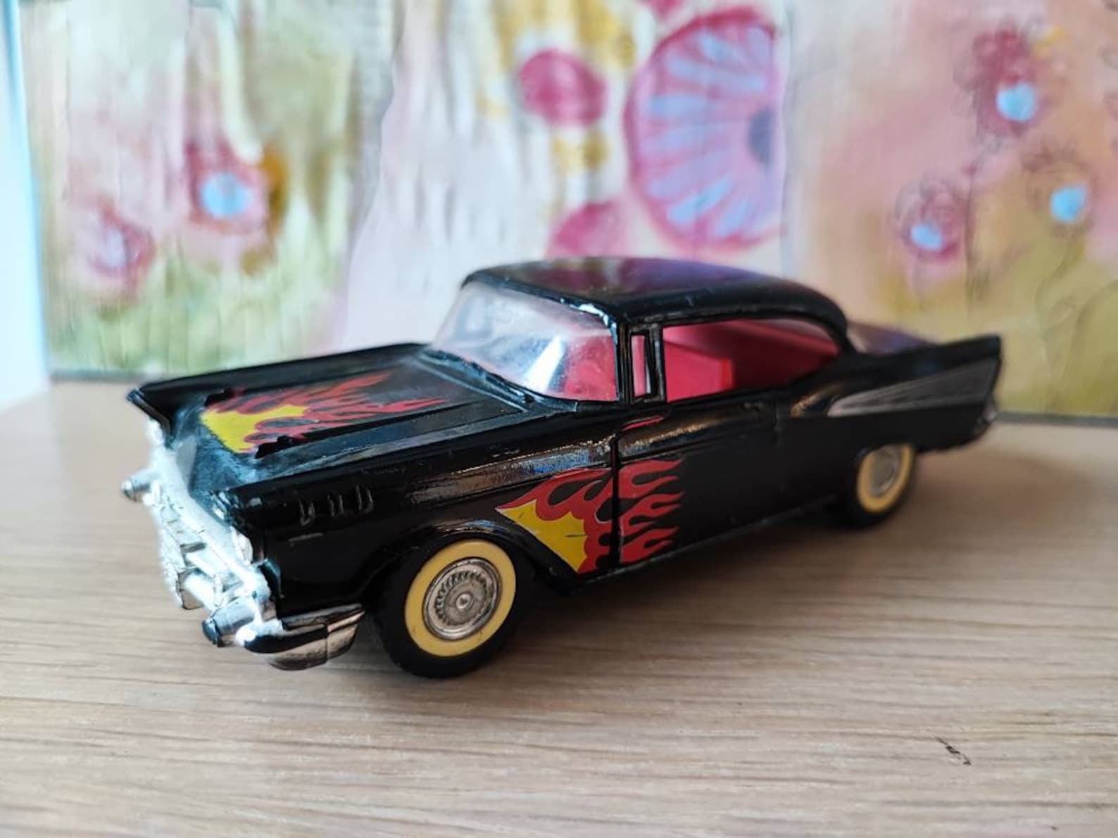 Black Car Toy, Vintage Chevy Car Toy, Flames Decorated Car Miniature ...