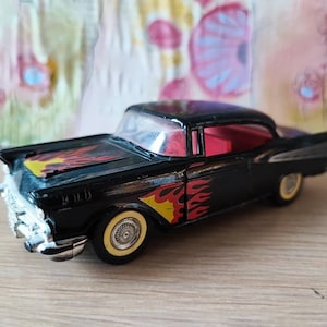 Black Car Toy, Vintage Chevy Car Toy, Flames Decorated Car Miniature ...