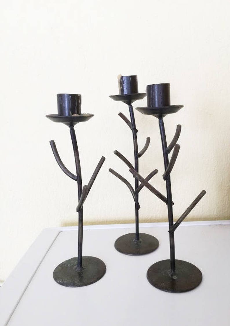 Vintage Iron Candlesticks, Set of Three, Twig Shaped Black, Wrought ...