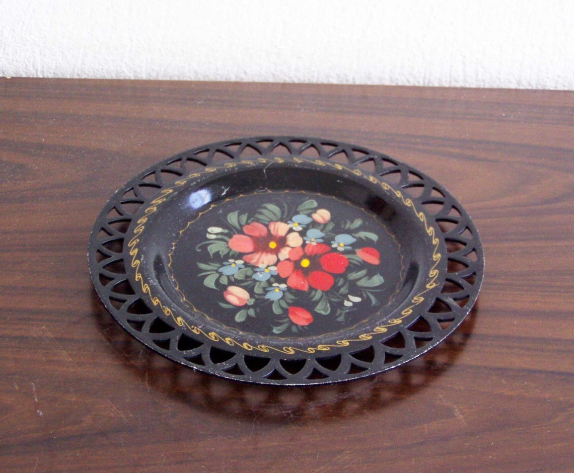 Vintage Metal Plate With Folk Art Flower Bouquetblack Metal - Etsy