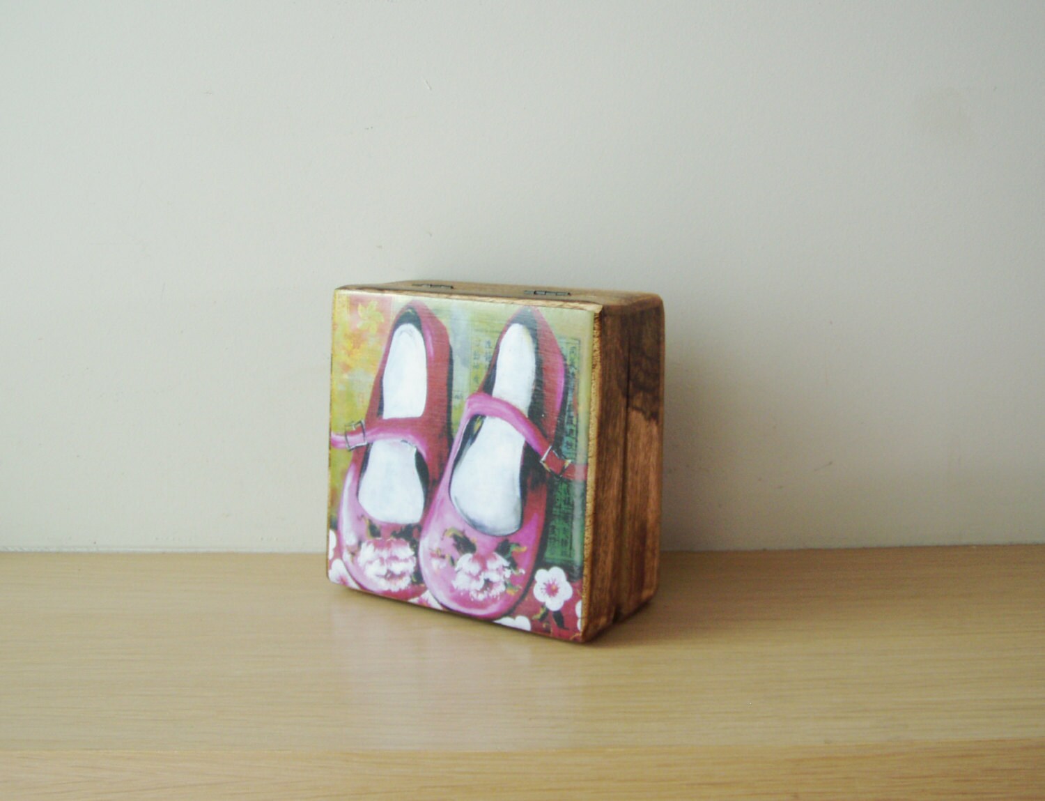 Vintage Wooden Box With Pink Shoes Decoupage Square Wooden - Etsy