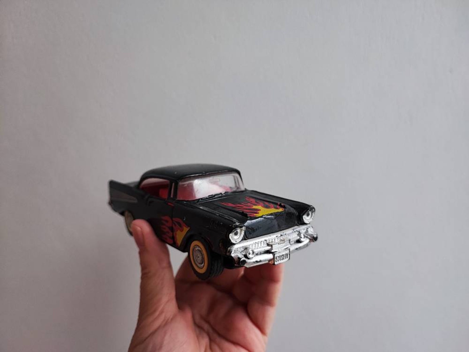 Black Car Toy, Vintage Chevy Car Toy, Flames Decorated Car Miniature ...