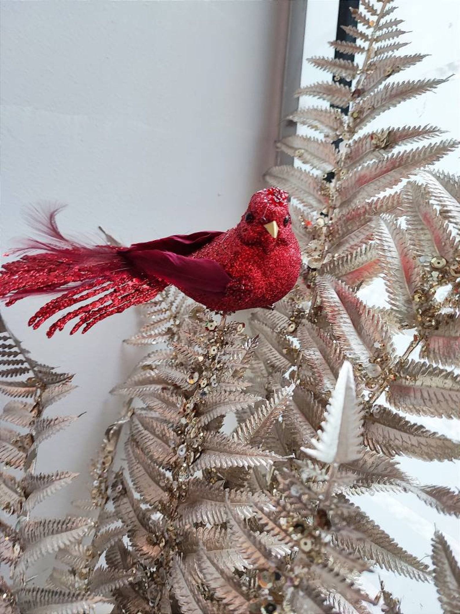 Red Bird Ornament, Red Bird Figure With Long Tail and Sequined Body ...