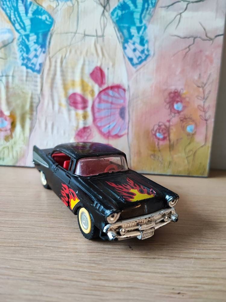 Black Car Toy, Vintage Chevy Car Toy, Flames Decorated Car Miniature ...