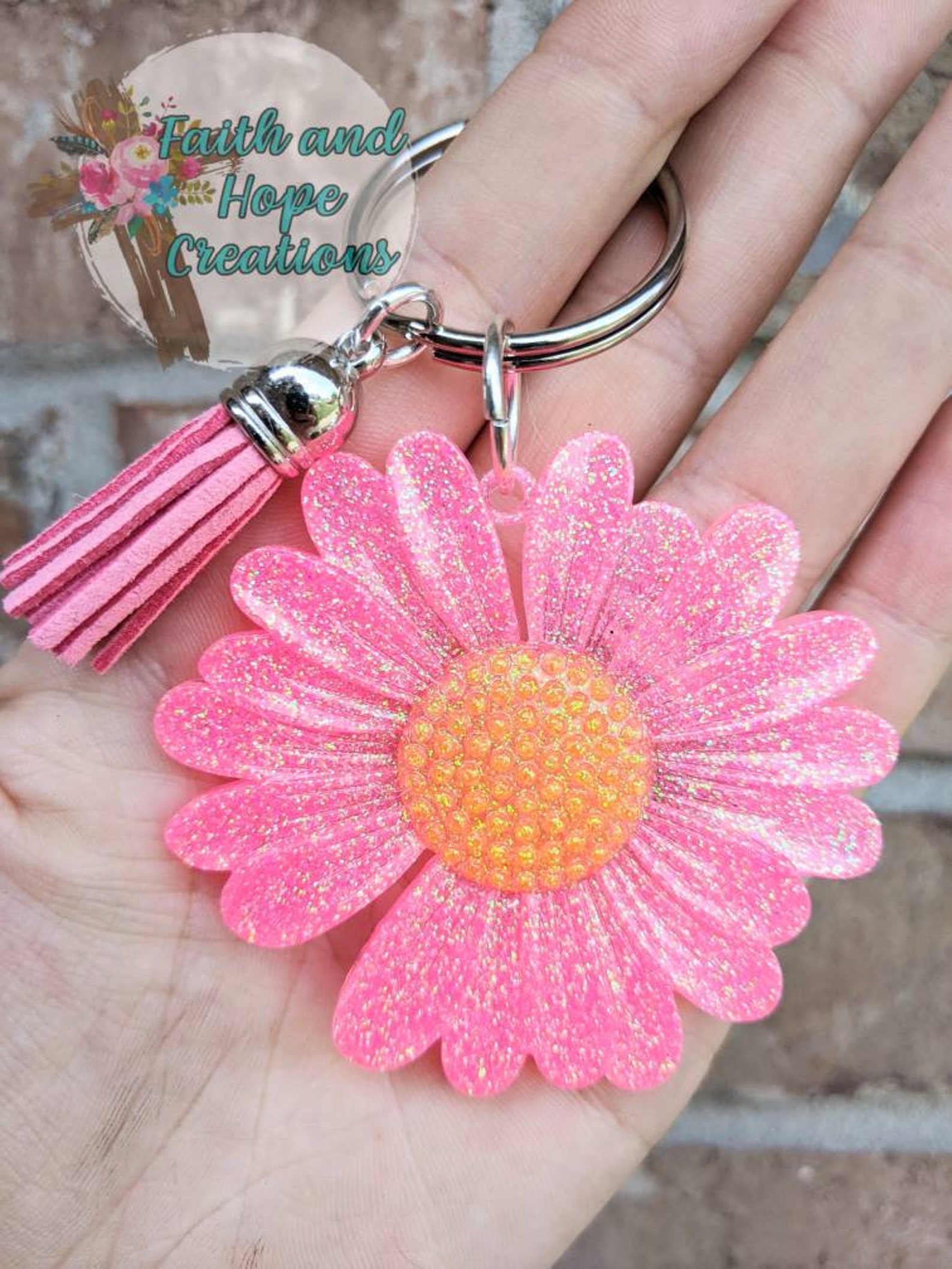 Pink Glitter Daisy Keychain - Etsy