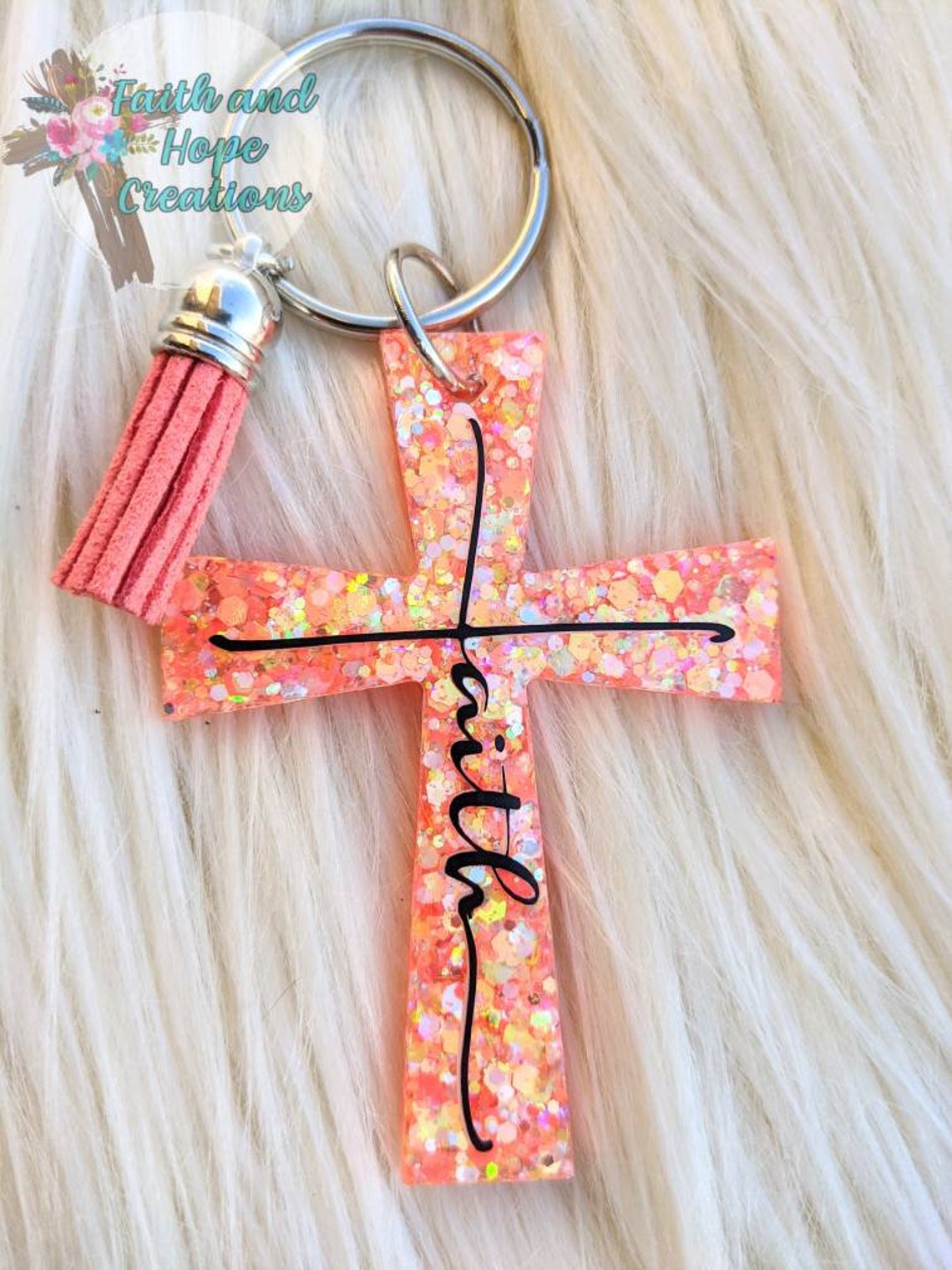 Coral Faith Cross Keychain - Etsy
