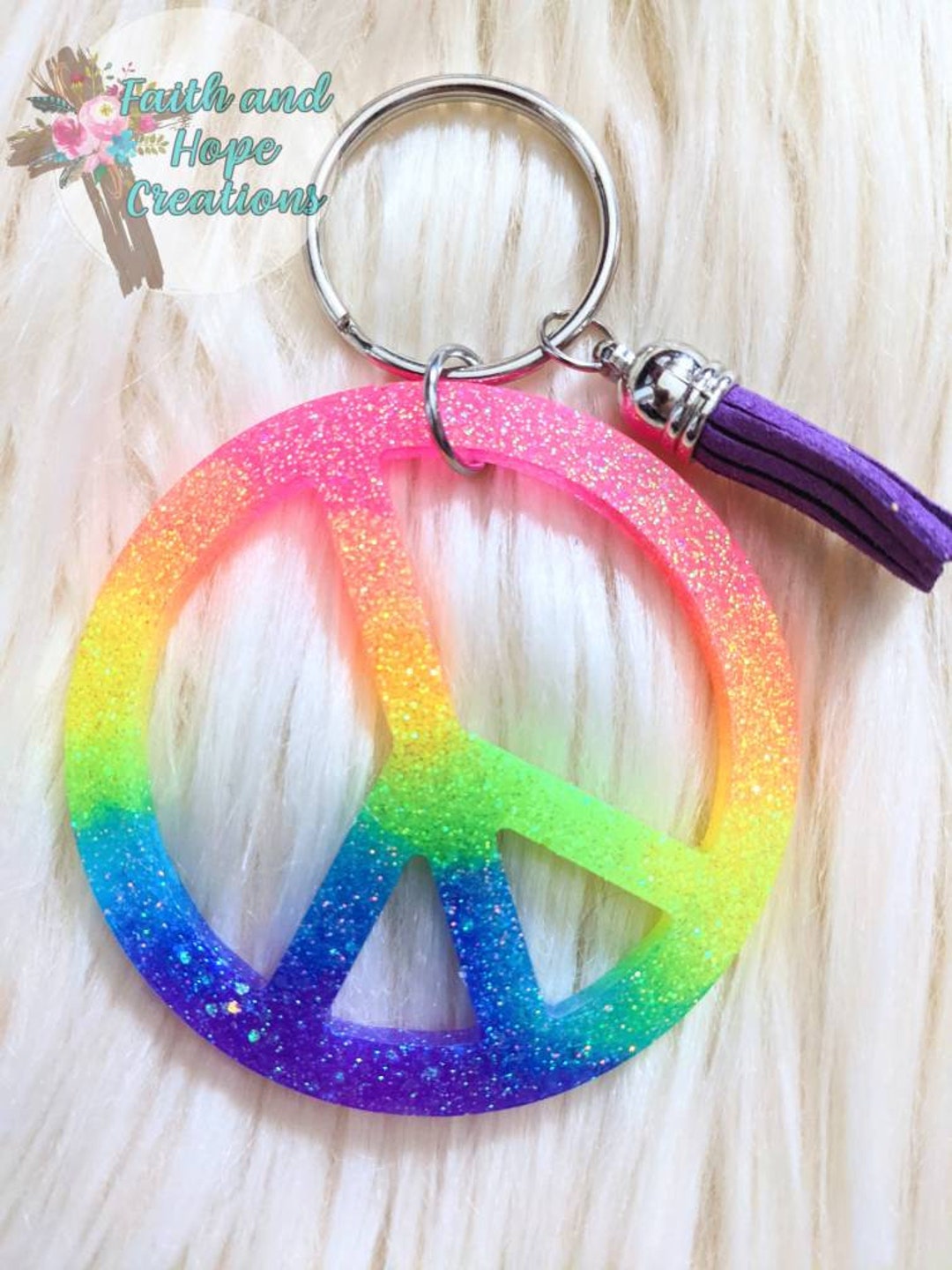 Rainbow Peace Sign Glitter Keychain - Etsy