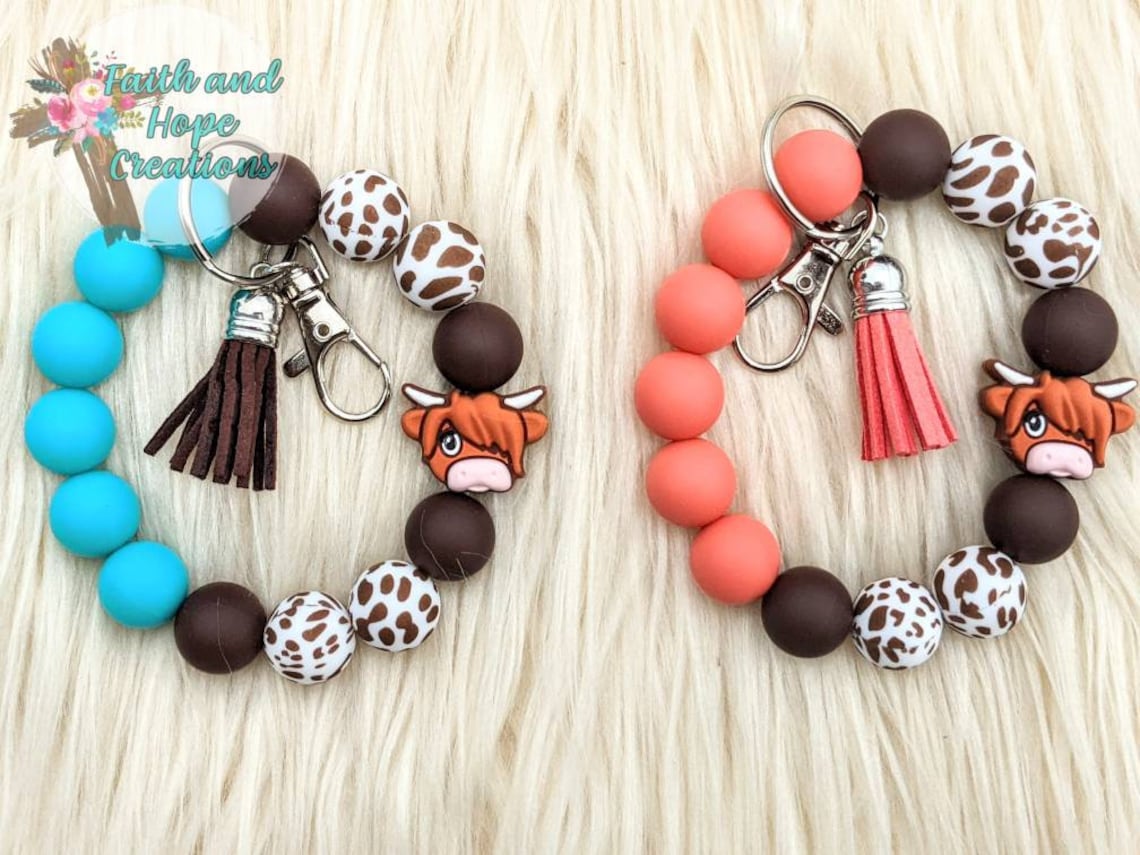 Beaded Highland Cow Keychain Bracelet Keychain Wristlet - Etsy