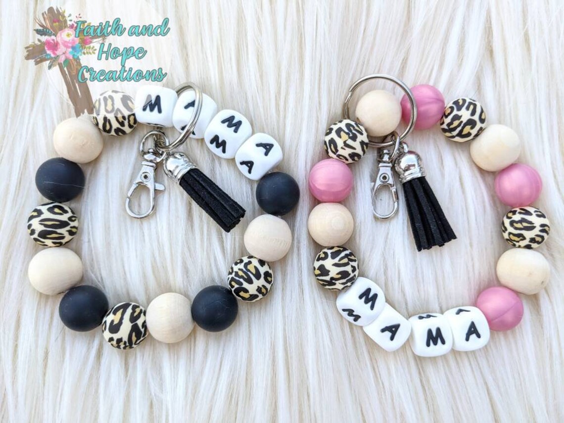Beaded Leopard Print Mama Keychain Bracelet Keychain - Etsy