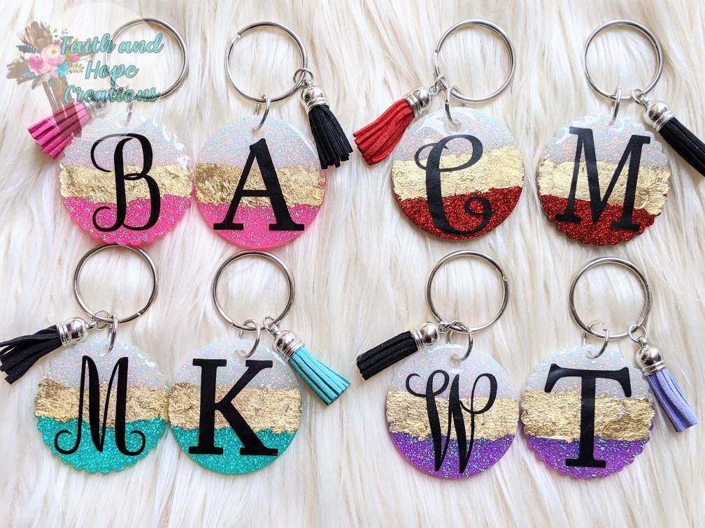 Glitter and gold flake initial keychain | Etsy
