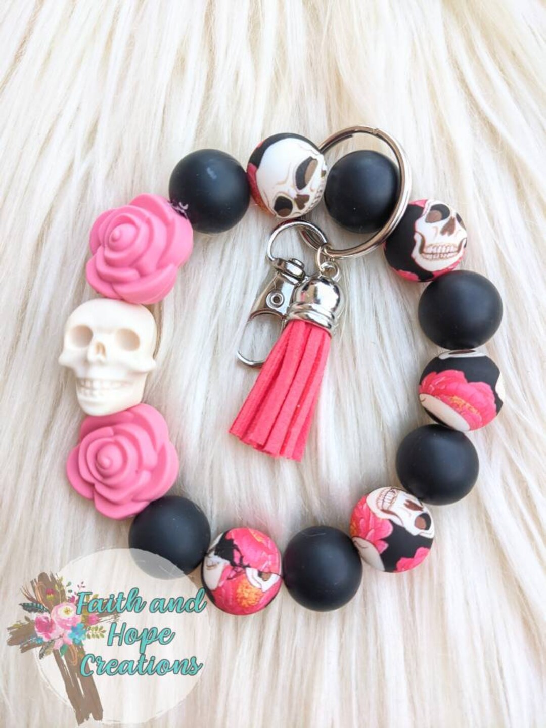 Beaded Skull Print Keychain Bracelet - Etsy