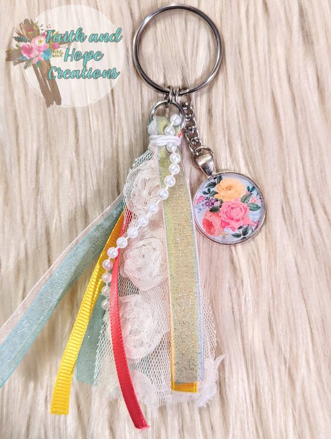 Boho Floral Purse Charm, Bag Charm, Keychain, Ribbon Tassel, Vintage ...