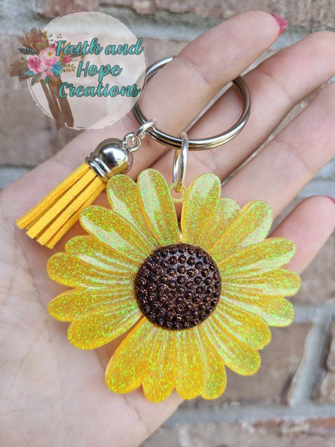 Yellow Glitter Sunflower Keychain - Etsy