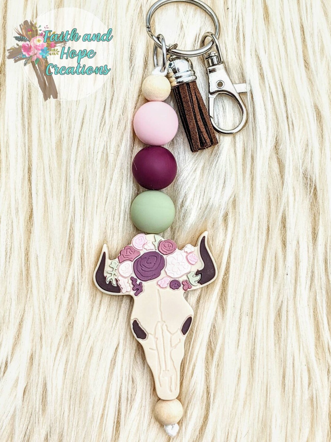Beaded Floral Bull Skull Keychain, Beaded Keychain Animal, Beaded ...